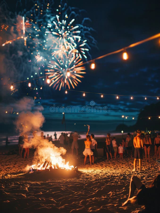People Joyously Dance Around a Bonfire As Bright Fireworks Explode in ...