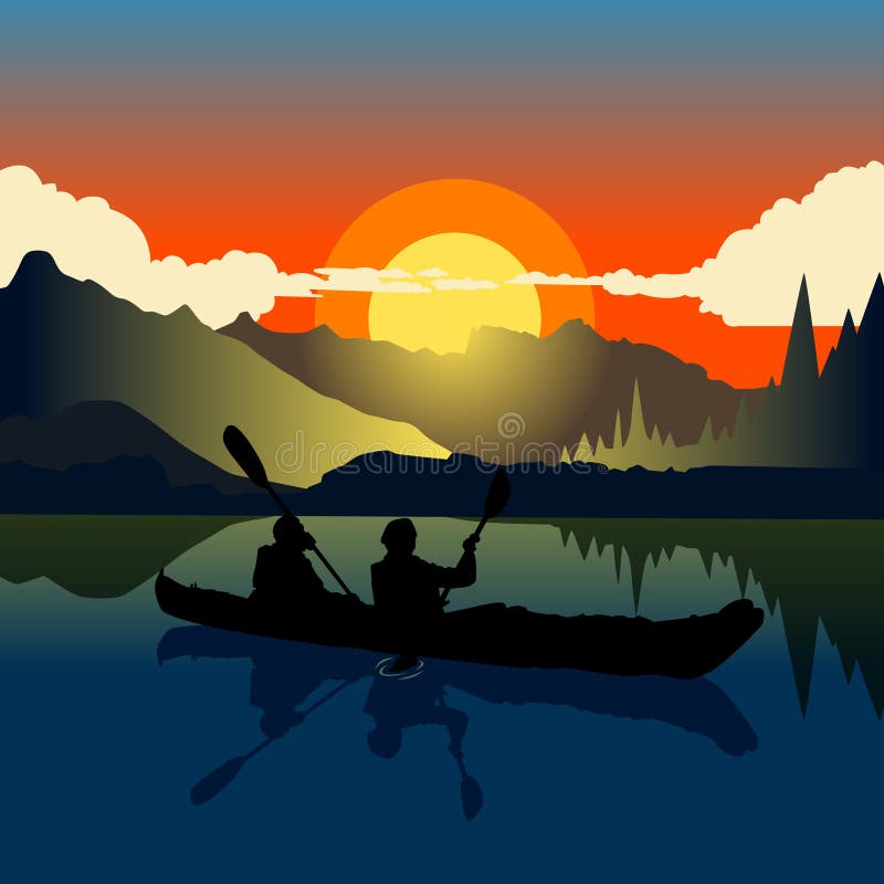 People Kayaking Canoeing Silhouette in the Lake Vector Illustration ...
