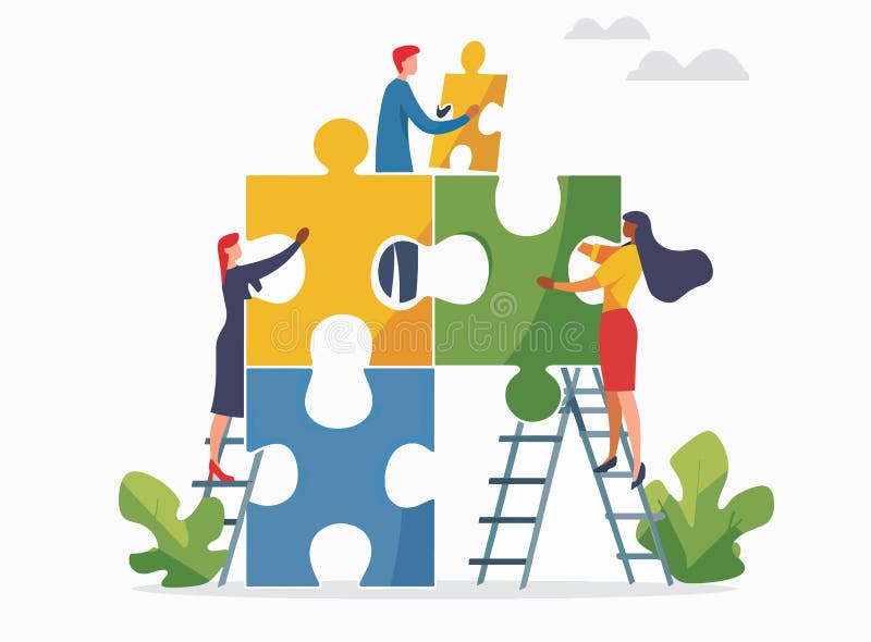 People on Ladders Assembling Large Puzzle Pieces, Representing ...