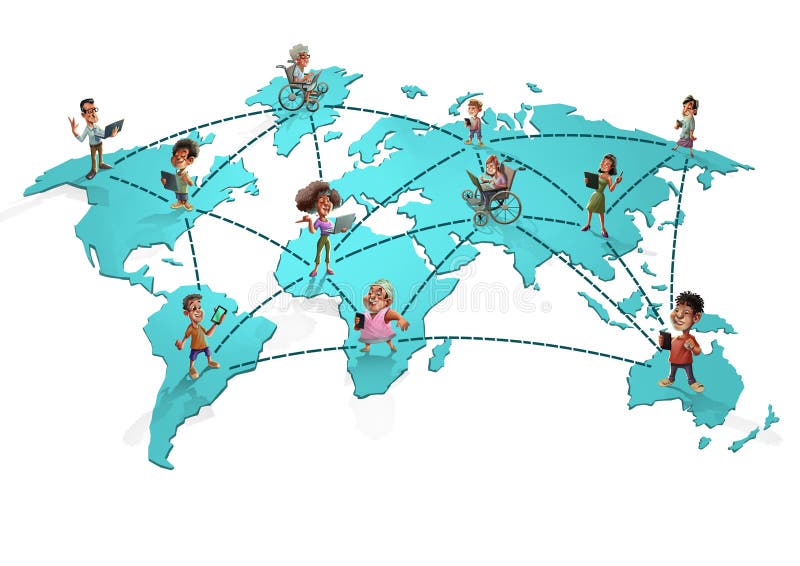 People on a Large Map Communicating with Technology Stock Image ...