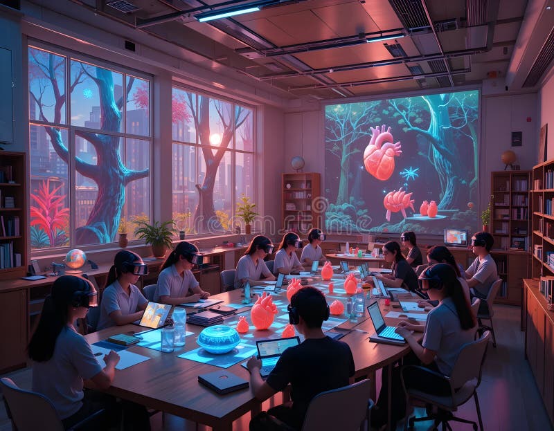 People Learning with Vr Headsets in Classroom Showing Heart ...