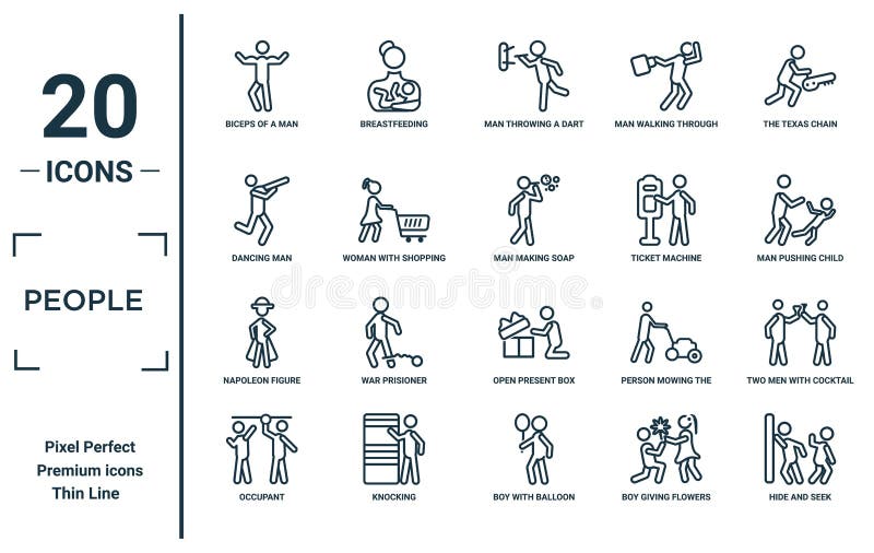 People Linear Icon Set. Includes Thin Line Biceps of a Man, Dancing Man ...