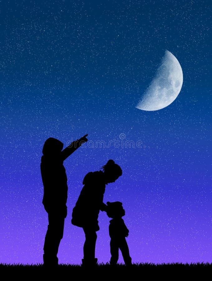 People Looking the Full Moon Stock Illustration - Illustration of night ...
