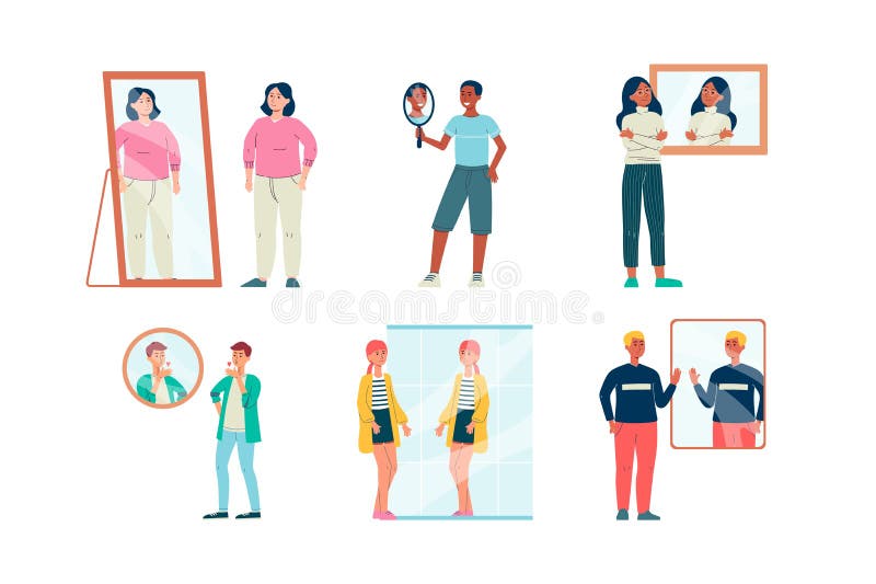People Look at Their Reflection in Mirror, Flat Vector Illustration ...