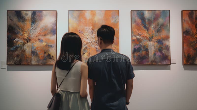 People Looking at Artworks in Art Gallery. Back View of Two Young ...