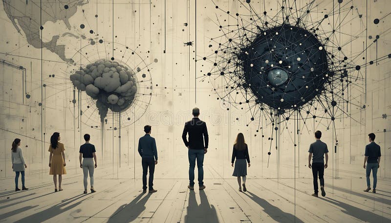 People Looking at a Brain and a Sphere with Lines Connecting To it on a ...