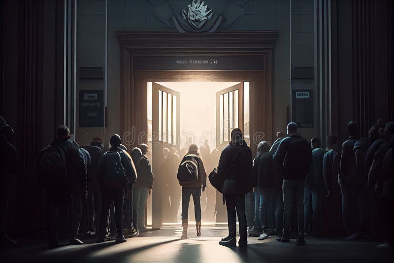 People Looking for the Entrance. Light at the End Concept Stock ...