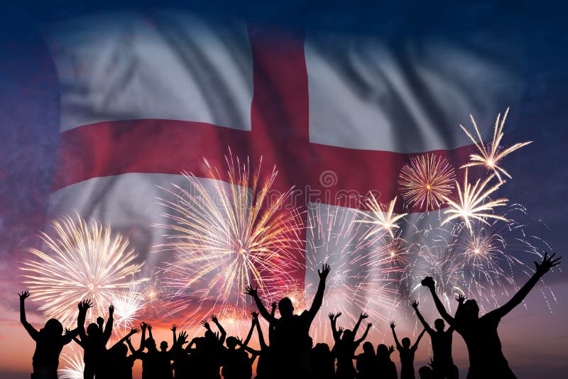 People are Looking on Fireworks and Flag of England Stock Illustration ...