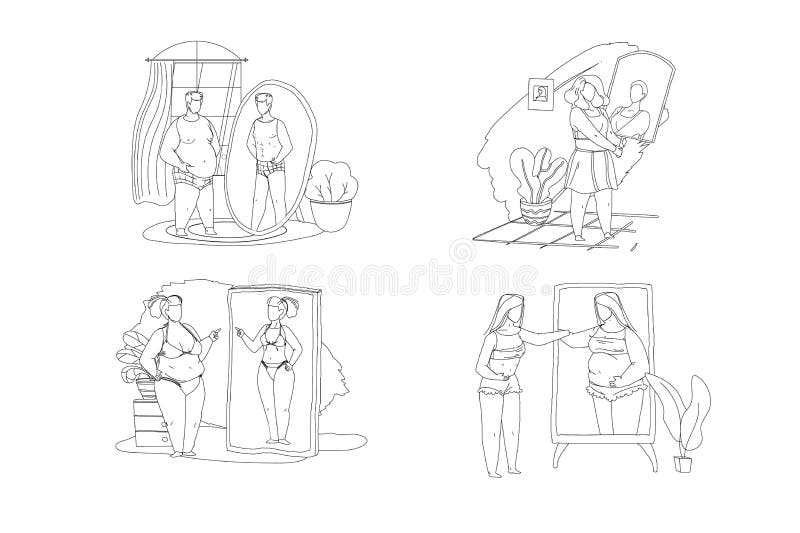Fat Woman Looking At Mirror Seeing Slim Beauty Reflection Stock Vector