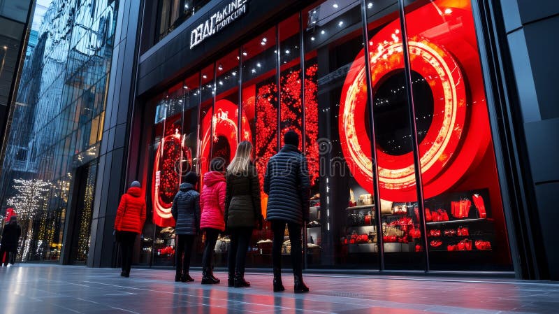 People Looking at Red Illuminated Store Window Display Stock ...