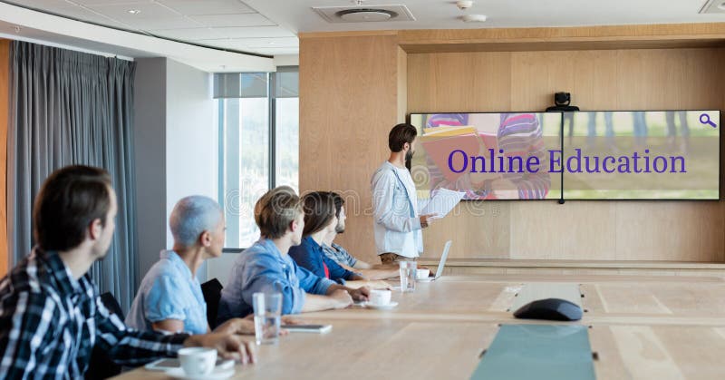 People Looking at a TV with E-learning Information in the Screen Stock ...