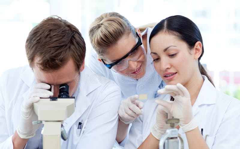 People Looking Under a Microscope Stock Image - Image of microscope ...