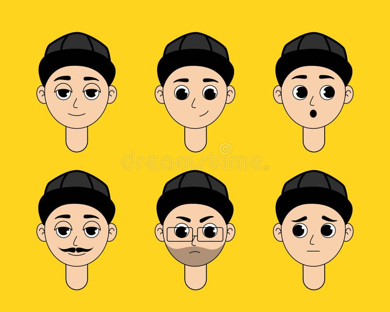 Cartoon Male Avatar Set with Black Cap Stock Illustration ...