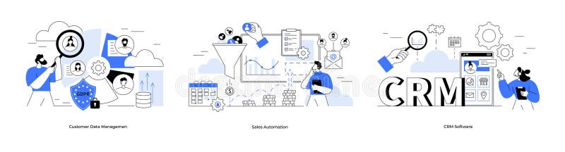Three Panels Representing Customer Data Management, Sales Automation ...