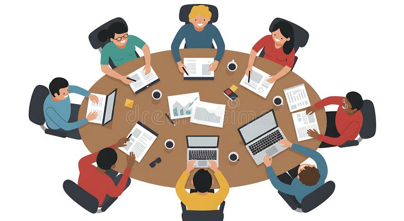 People Meeting Around Table with Laptops and Documents Aerial View ...