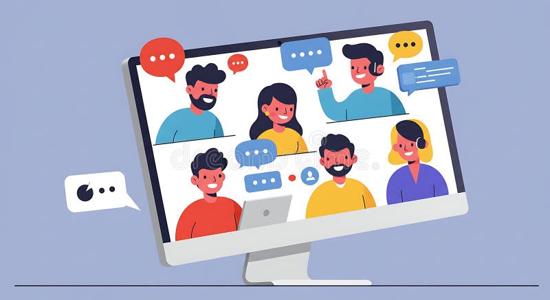 People Meeting Online on Computer Screen with Chat Bubbles Stock ...