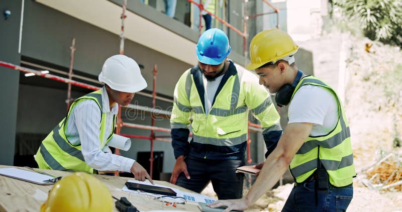 People, Meeting and Tablet on Construction Site for Planning, Property ...