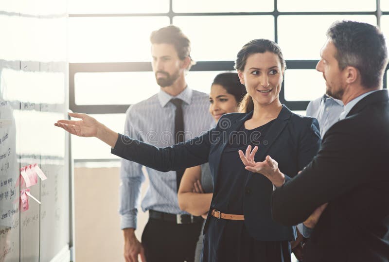 People, Meeting and Whiteboard in Office for Pitch, Question Feedback ...