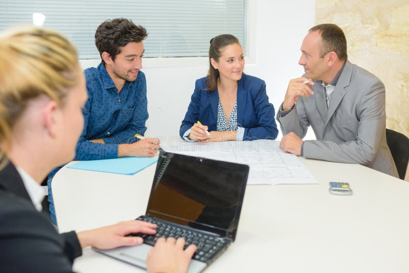 People in Meeting Woman Using Computer Stock Image - Image of looking ...