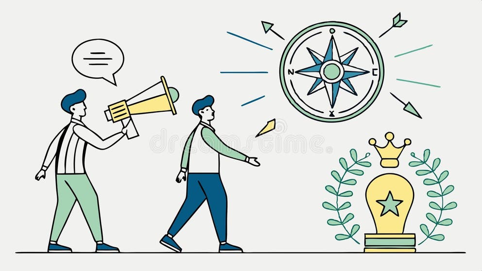 People with Megaphone and Compass, Direction Guidance Vector Design ...