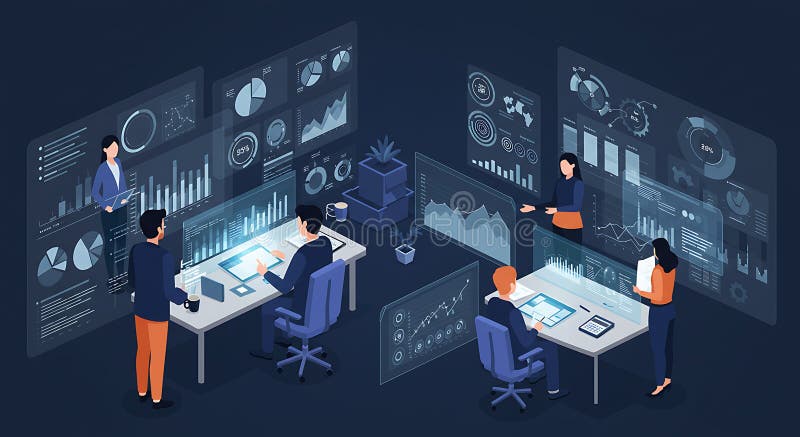 People in a Modern Office Setting Interact with Virtual Data Displays ...