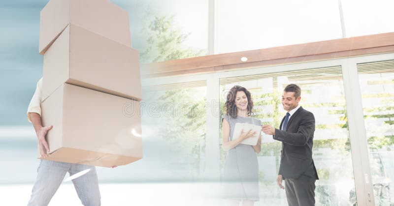 People Moving Boxes into New Home with Key Stock Image - Image of ...