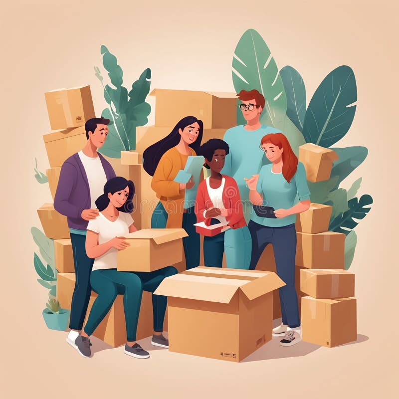People Moving Boxes Teamwork Group Planning Together Stock Illustration - Illustration of note ...