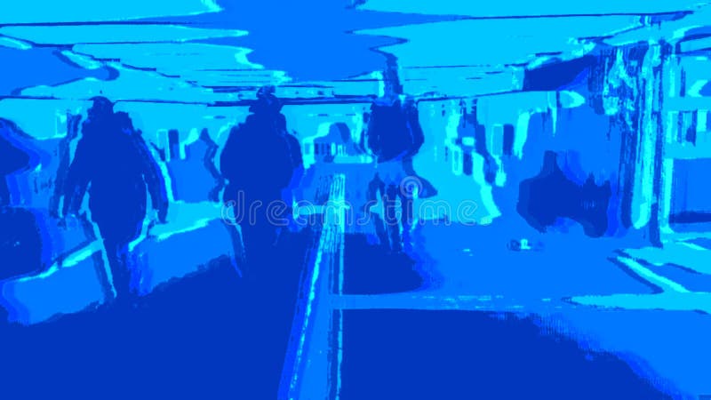 People Moving on the Subway Crossing with Glitch Effect. Blue Tone ...