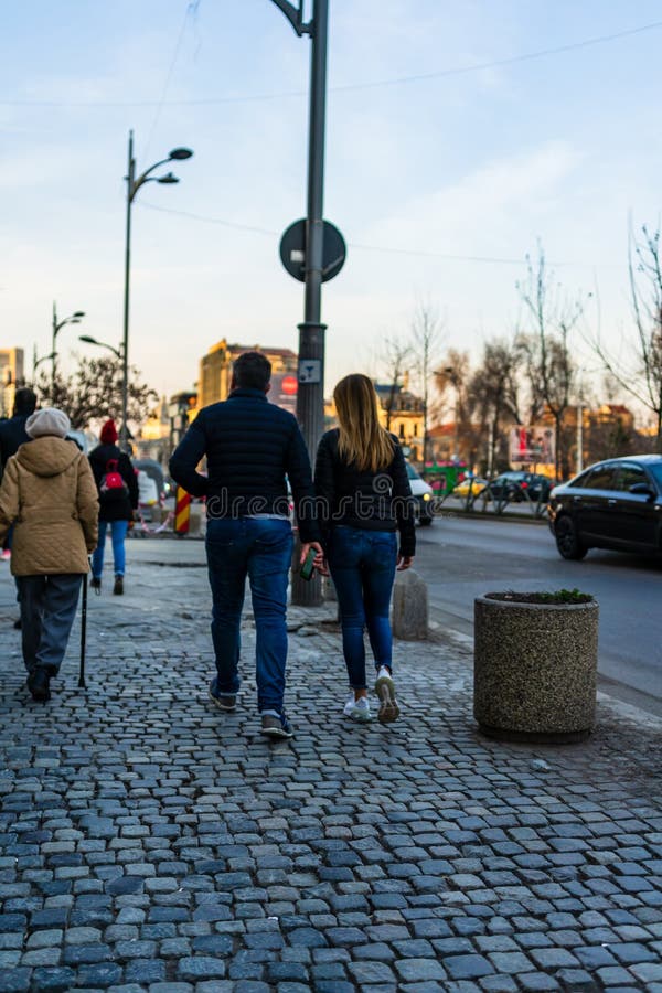 People Moving, Walking on the Streets in Downtown of Bucharest, Romania ...