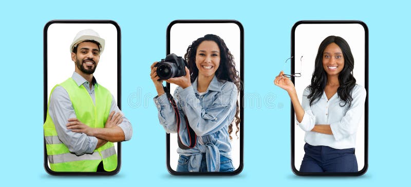 People from Multiple Professions Smiling from Smartphone Screens Over ...