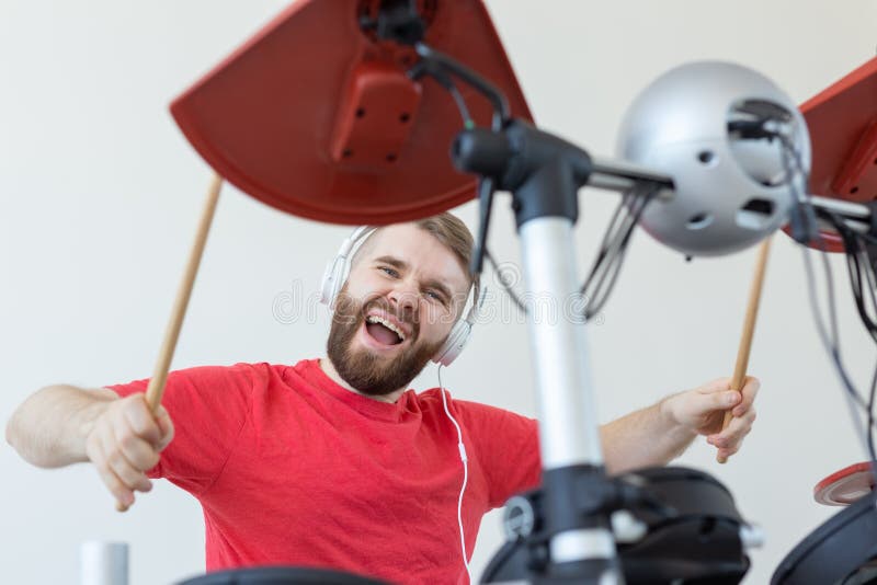 People, Music and Hobby Concept - Bottom View of the Drummer Stock ...