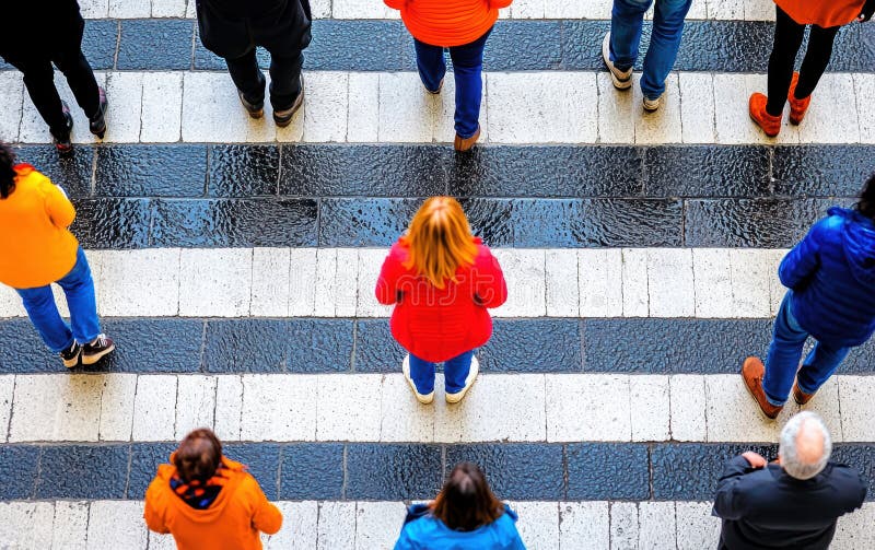 People Navigate a City Crosswalk Marked with Blue and White Stripes ...