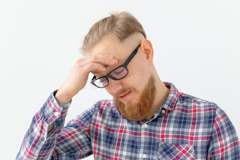 People and Negative Emotions Concept - Bearded Man in Glasses Thinking ...