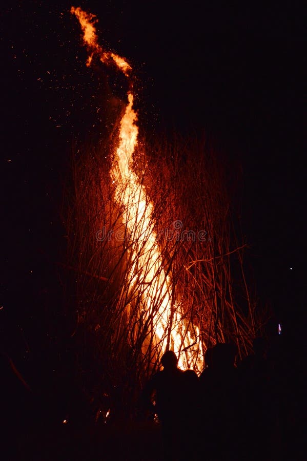 People Next To a Large Fire Lit at Night Stock Image - Image of night ...