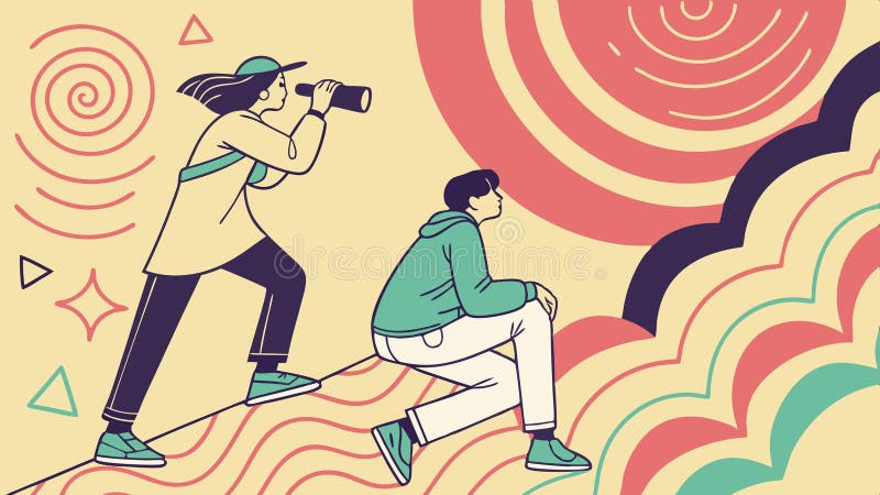 People Observing Landscape with Binoculars Exploring Abstract Terrain ...