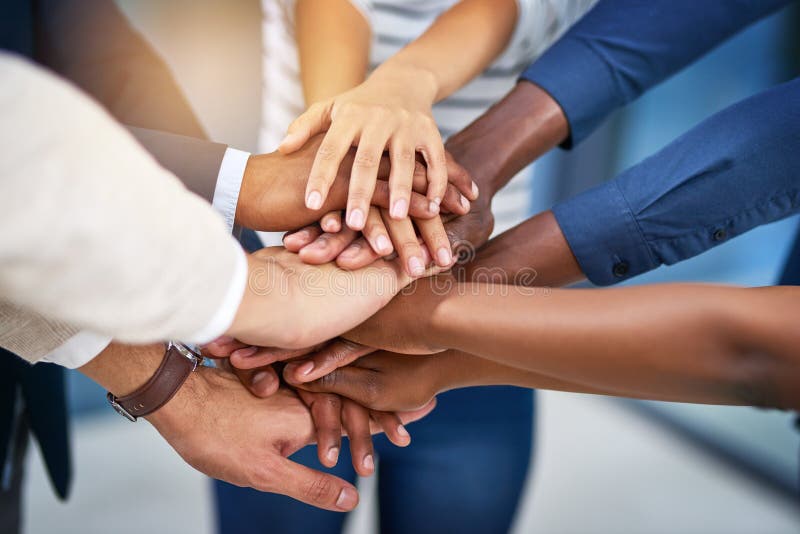 People, Office and Hands Pile for Support or Solidarity with Unity ...