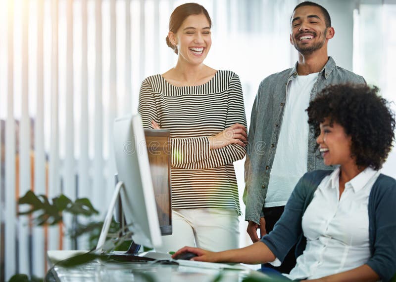 People, Office and Happy with Computer for Teamwork and Collaboration ...