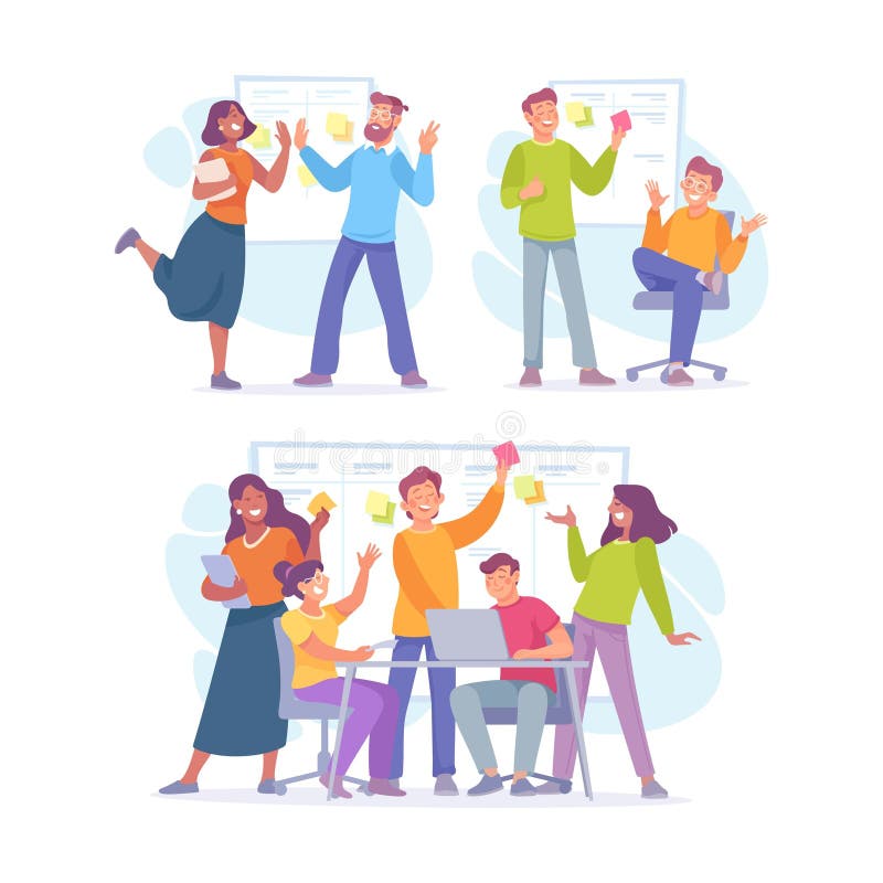 People in Office Sharing Ideas and Brainstorming Vector Set Stock ...