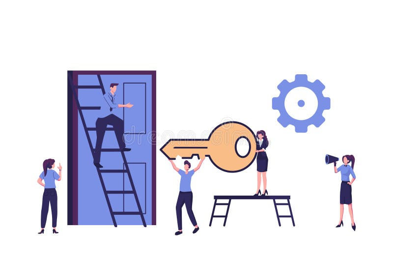 People Open the Door with a Key, Lock Flat Style Illustration Vector ...