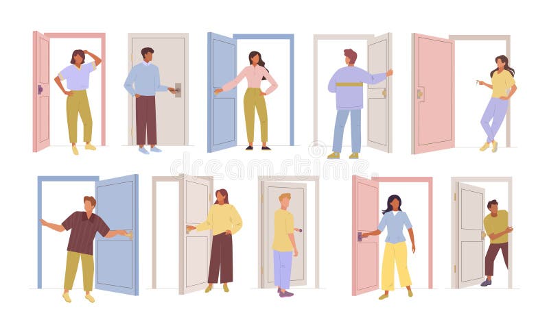 People Open Doors. Entry or Exit Peeking, Different Dressed Characters ...