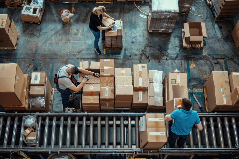 People Packing Boxes in a Warehouse. View from Above Stock Illustration ...