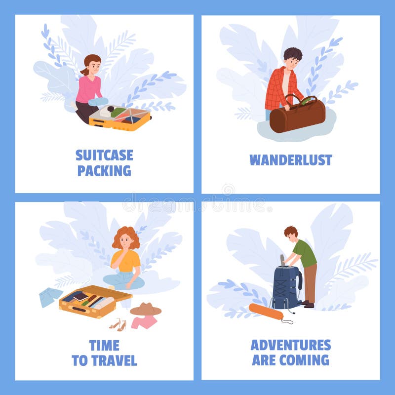 People Packing Suitcases and Getting Ready for Trip, Square Posters Set ...