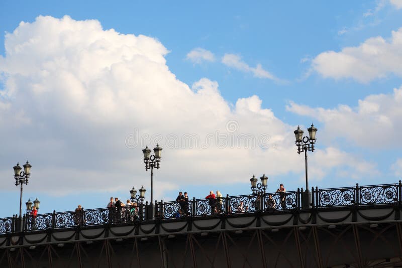People on Bridge and Fountain on Sunset. Moscow. Stock Image - Image of ...