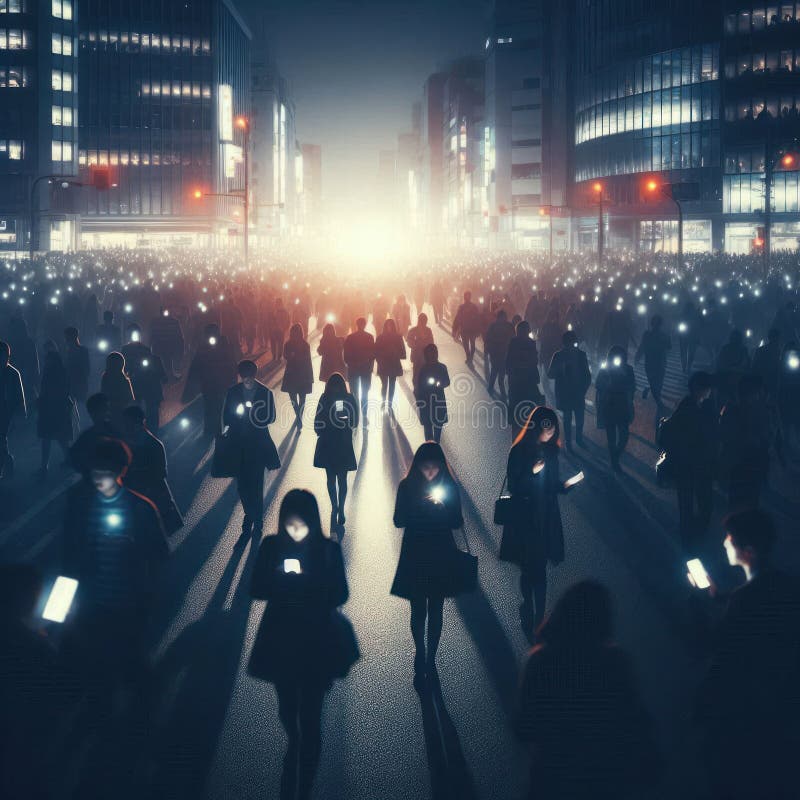 People with Phones Walk through the City at Night. Stock Image - Image ...