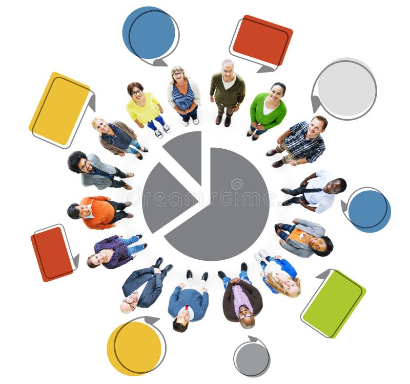 People with Pie Chart and Empty Speech Bubbles Stock Illustration ...