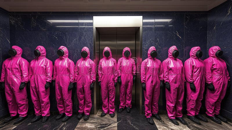 People in Pink Hazmat Suits Standing in Line Next To Elevator Stock ...