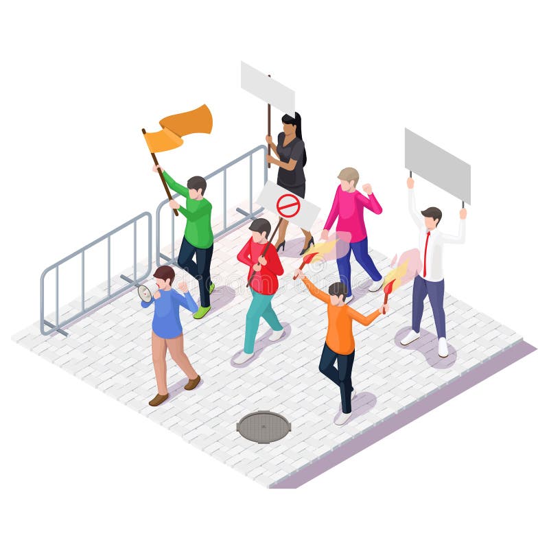 People with Placards, Flags, Megaphone, Vector Isometric Illustration ...