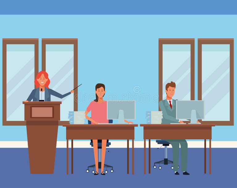 People in podium and desk stock vector. Illustration of computer ...