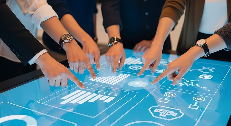People Pointing at Data Charts on Interactive Touchscreen Table Stock ...
