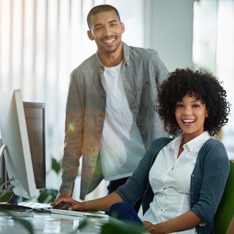 People, Portrait and Computer with Smile for Teamwork or Collaboration ...
